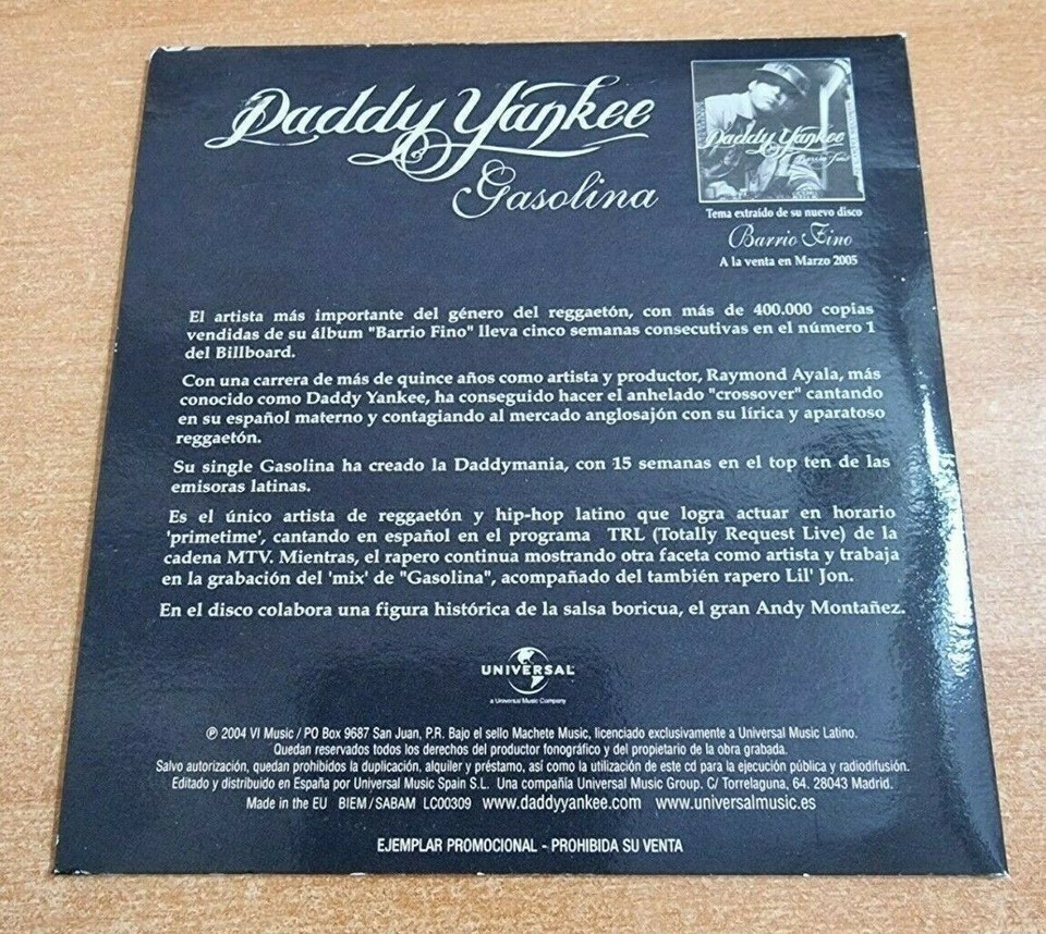 DADDY YANKEE Gasolina SPAIN PROMO CD SINGLE UNIQUE COVER CARD SLEEVE ...