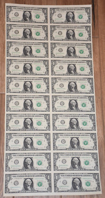 $1 UNCUT SHEET ONE DOLLAR BILLS $1x20 2017 UNITED STATES CURRENCY MONEY ...