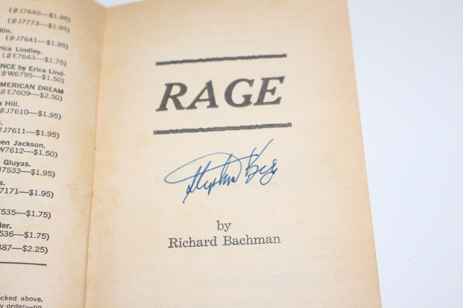 Stephen King Signed RAGE Book Richard Bachman First Edition 1977 ...