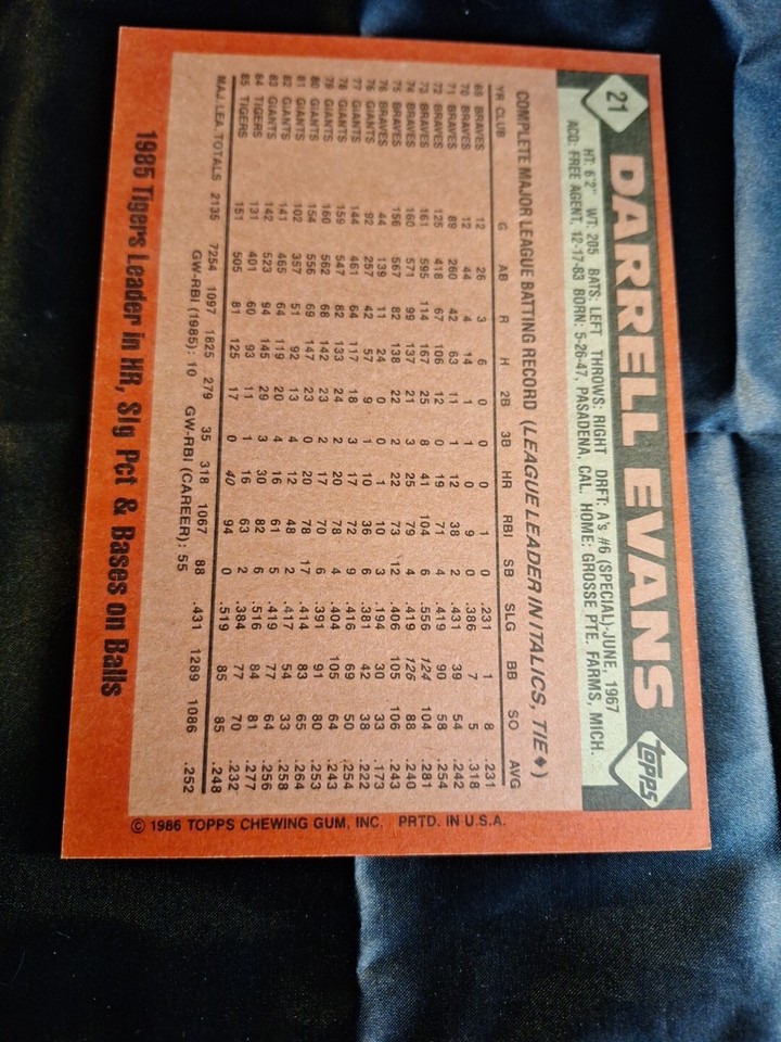 1986 TOPPS BASEBALL 5 X 7 SET BREAK #21 DARRELL EVANS DETROIT TIGERS ...