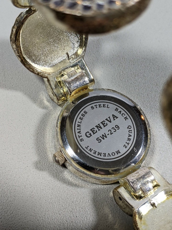 Geneva Pearlized Dial Round Silver Tone Case 26 mm Open Cuff Hinge Band ...