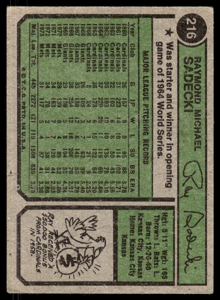 1974 Topps Ray Sadecki #216 New York Mets Baseball Card | eBay