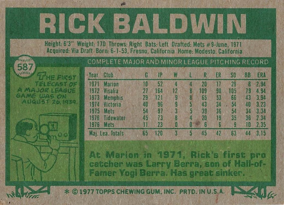 Rick Baldwin 1977 TOPPS Baseball Card #587 | eBay