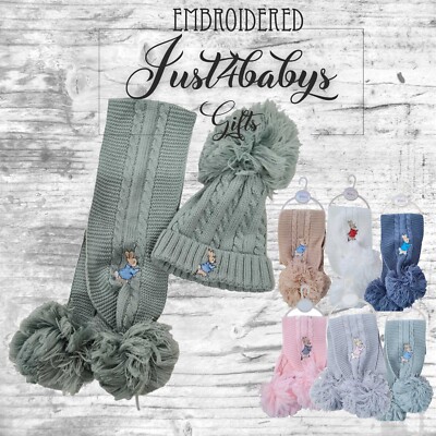 Peter Rabbit Scarf & hat Baby Knitted Pom Pom Scarfs 0-2 yrs | eBay UK