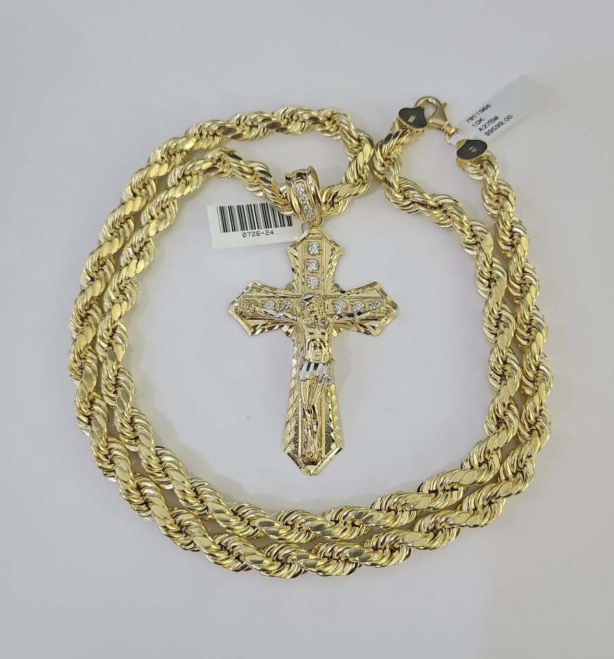 Real 10k Rope Chain Jesus Cross Charm Set 8mm 20"-30" Inch Necklace ...