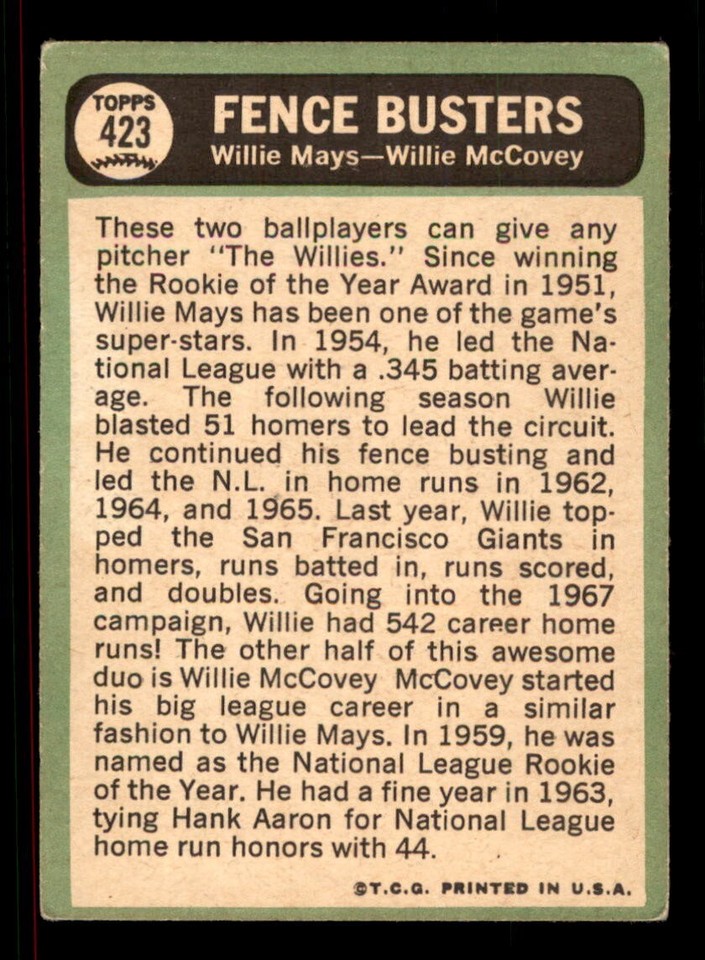 1967 Topps Baseball #423 Fence Busters Mays McCovey VG/EX *e1 | eBay