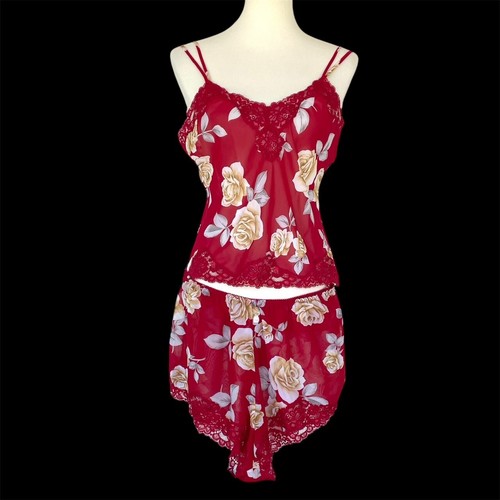 Victorias Secret Sheer Red Floral Roses Camisole Cami Tap Pant Set Sz S ...
