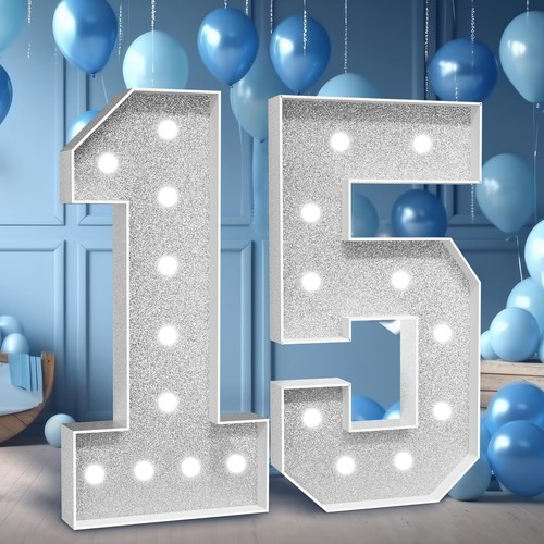 Marquee Numbers Silver 15th-Birthday Decoration: 4FT Large Light Up ...
