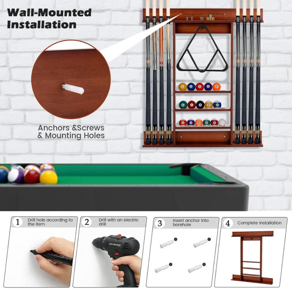 Wooden Wall Mounted Billiard Pool Snooker Game Cue Rack Ball Stick ...