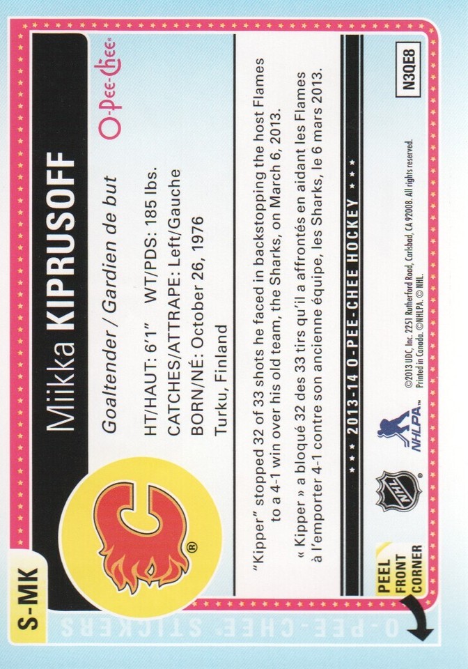 2013-14 (FLAMES) O-Pee-Chee Stickers #SMK Miikka Kiprusoff | eBay