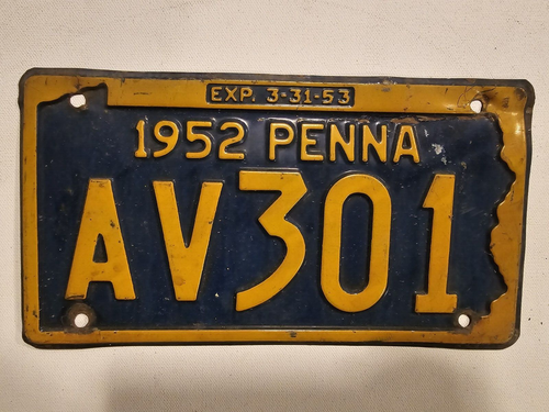 Pennsylvania License Plate 1952 PENNA #AV301-Exp. 3-31-53-VTG-Man Cave ...