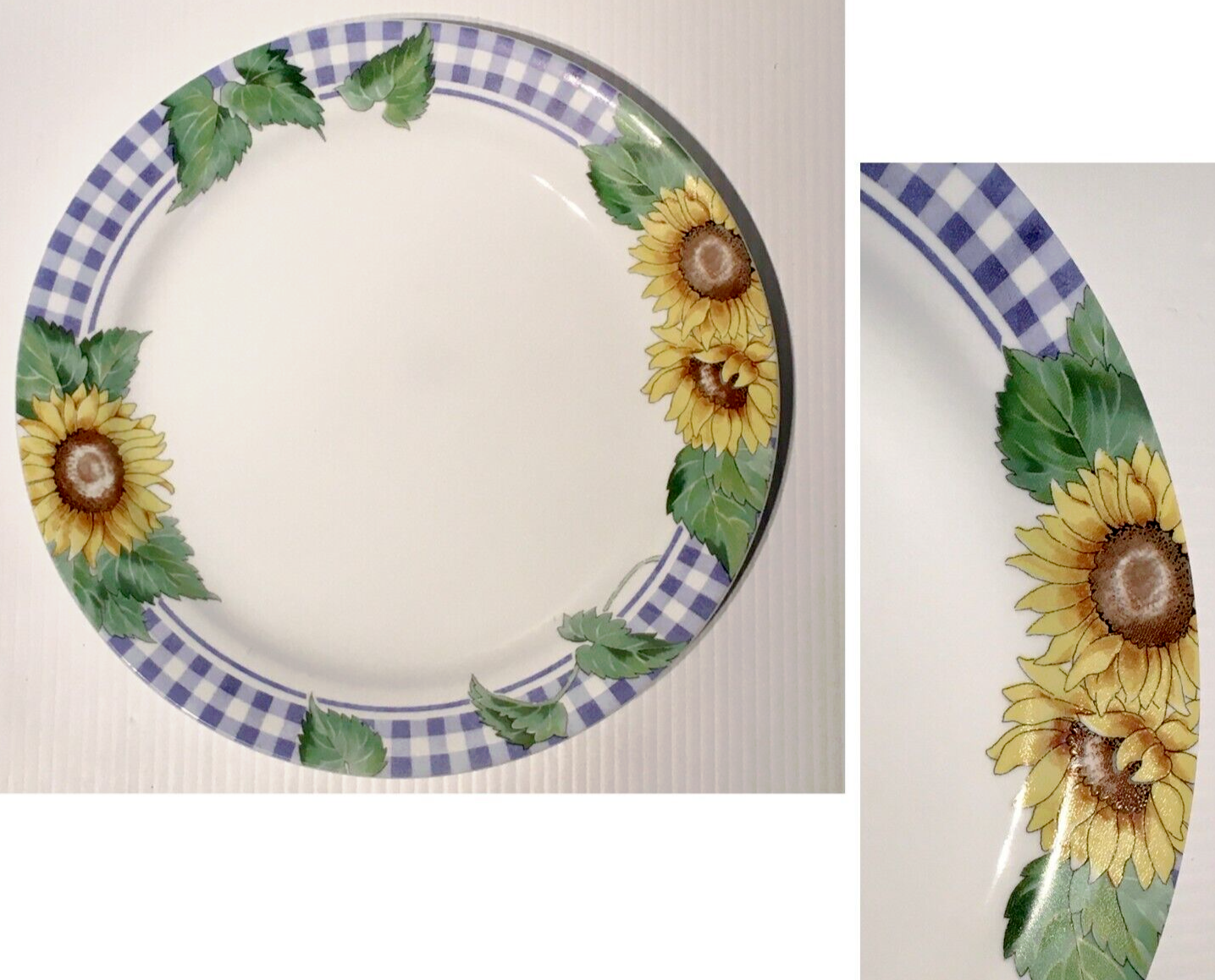 Corelle SUNSATIONS Dinner Plate Yellow Sunflower Blue Plaid Gingham 10. ...