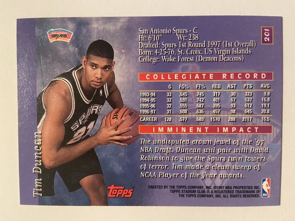 TIM DUNCAN 1997-98 Topps Stadium Club #201 Rookie San Antonio Spurs TSC ...