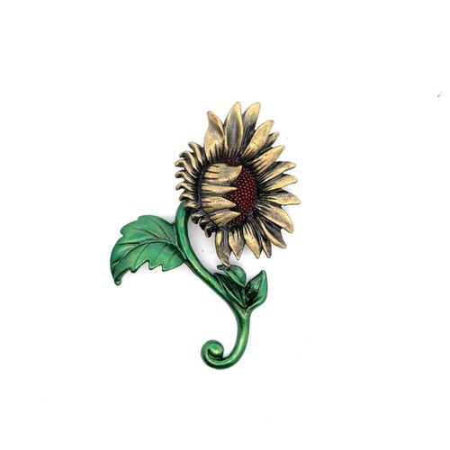 SIGNED DD BIG LARGE ENAMEL SUNFLOWER Brooch pin Green Leaf bronze tone ...
