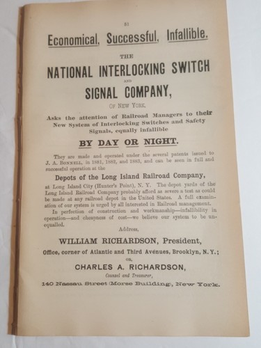 1884 print ad National interlocking switch and Signal Company Brooklyn ...