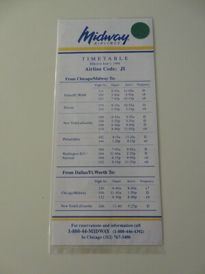 Midway Airlines Timetable June 1, 1994 = | eBay