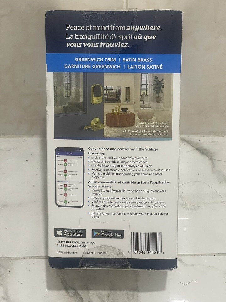 SCHLAGE ENCODE SMART WIFI DEADBOLT Greenwich Trim Satin Brass ...