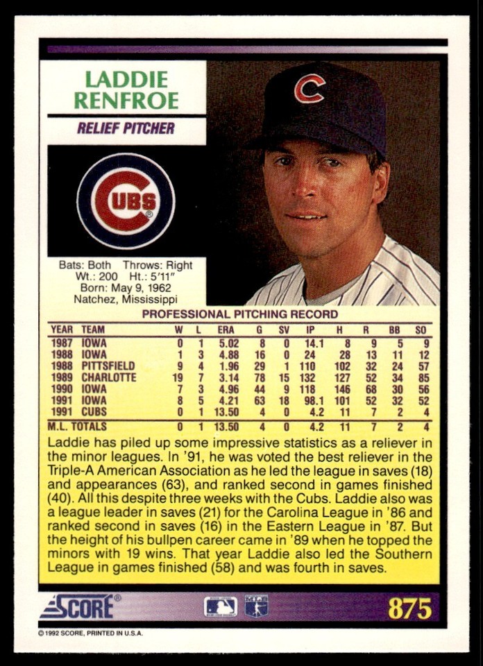 1992 Score Baseball Card Laddie Renfroe Rookie Chicago Cubs #875 | eBay