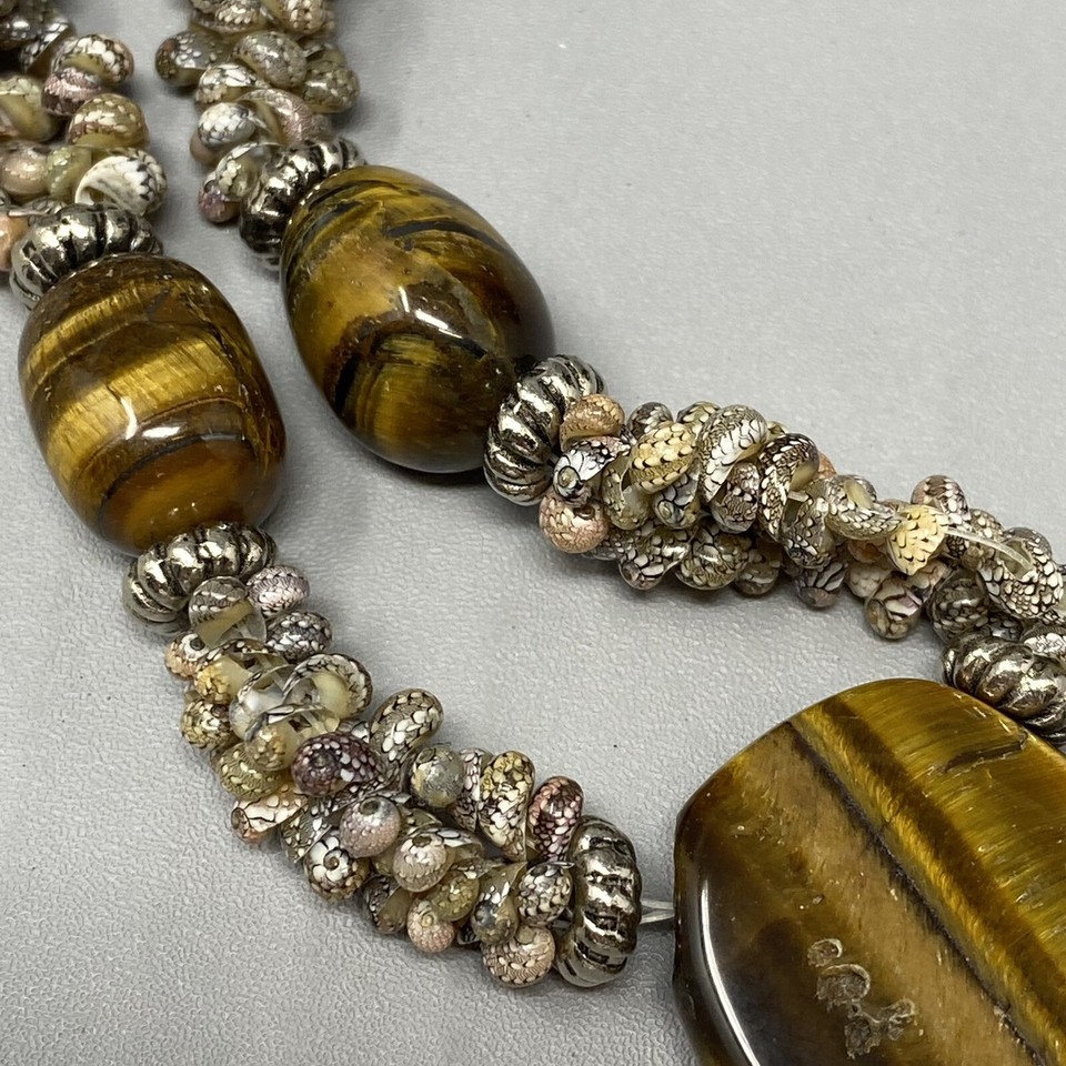 VTG Stone Shell Necklace Brown Tigers Eye Seashell Bead Station Layered ...
