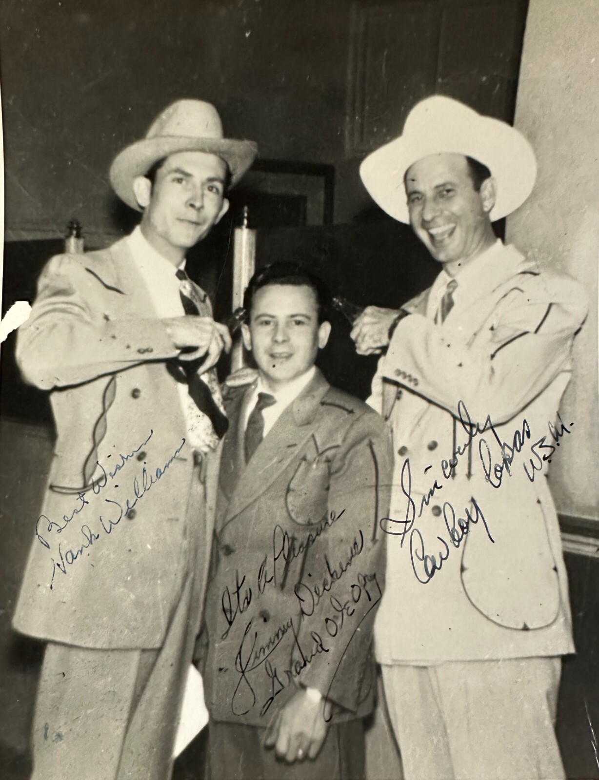 HANK WILLIAMS, COWBOY COPAS & JIMMY DICKENS SIGNED 8 X 10 PHOTO WITH ...