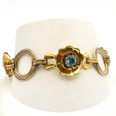 Harry Iskin 12K Gold Filled Blue Rhinestone Floral Tennis Bracelet ...