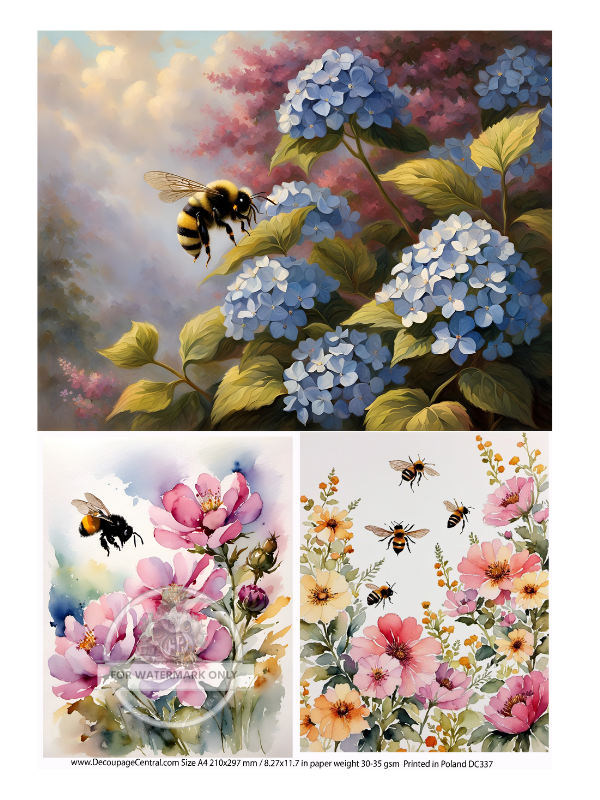 Floral Bees | A4 Rice Paper | Paper for Decoupage | Decoupage Central ...