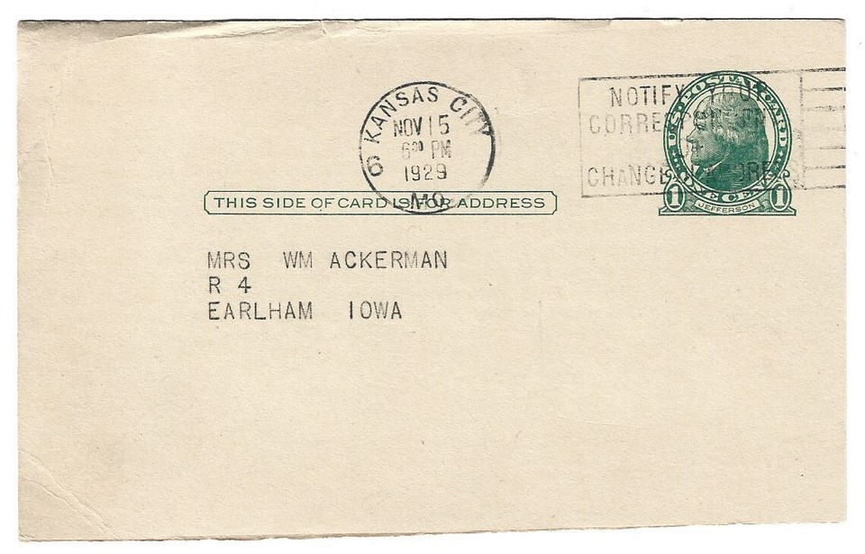 KANSAS CITY MO/MISSOURI Postal Card MONTGOMERY WARD & CO., to EARLHAM ...