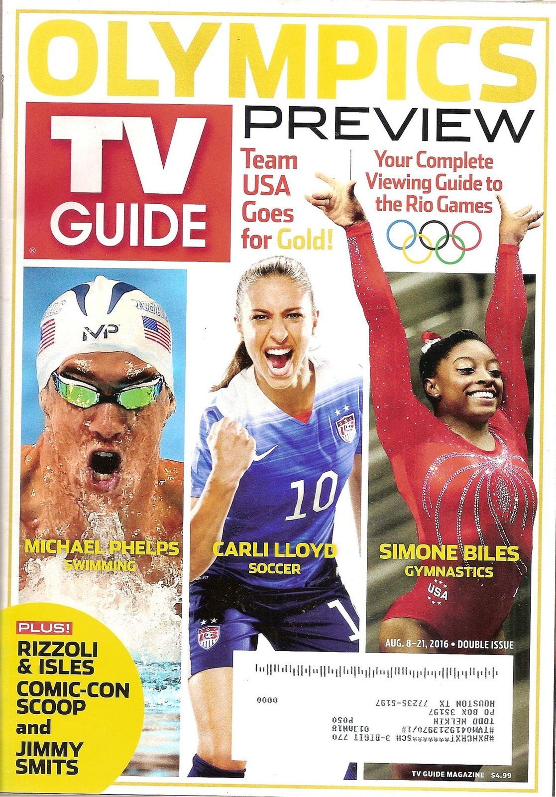 TV Guide August 8 2016 Olympicws Preview~Michael Phelps, Simone Biles ...