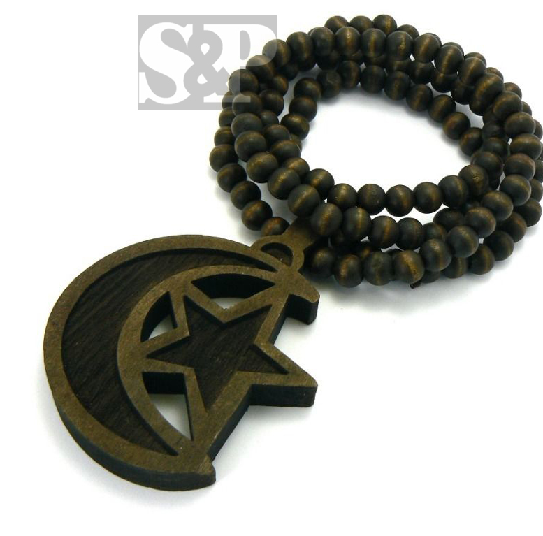 Hip Hop MOON & STAR Good Quality Wood Pendant & 36" Wooden Ball Chain ...