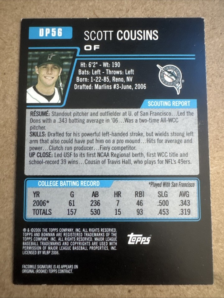 SCOTT COUSINS 2007 BOWMAN Draft Prospects #DP56 Autographed SIGNED ...