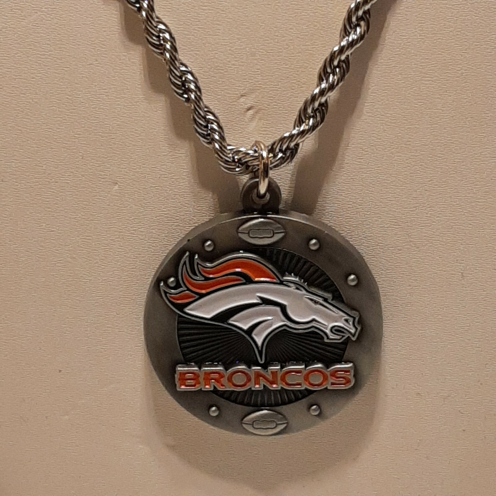 DENVER BRONCOS Pendant Charm / 24" STAINLESS STEEL ROPE CHAIN NECKLACE ...