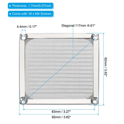 4Pcs 92mm Fan Filter Grills w Screw Aluminum Frame Stainless Steel Mesh ...