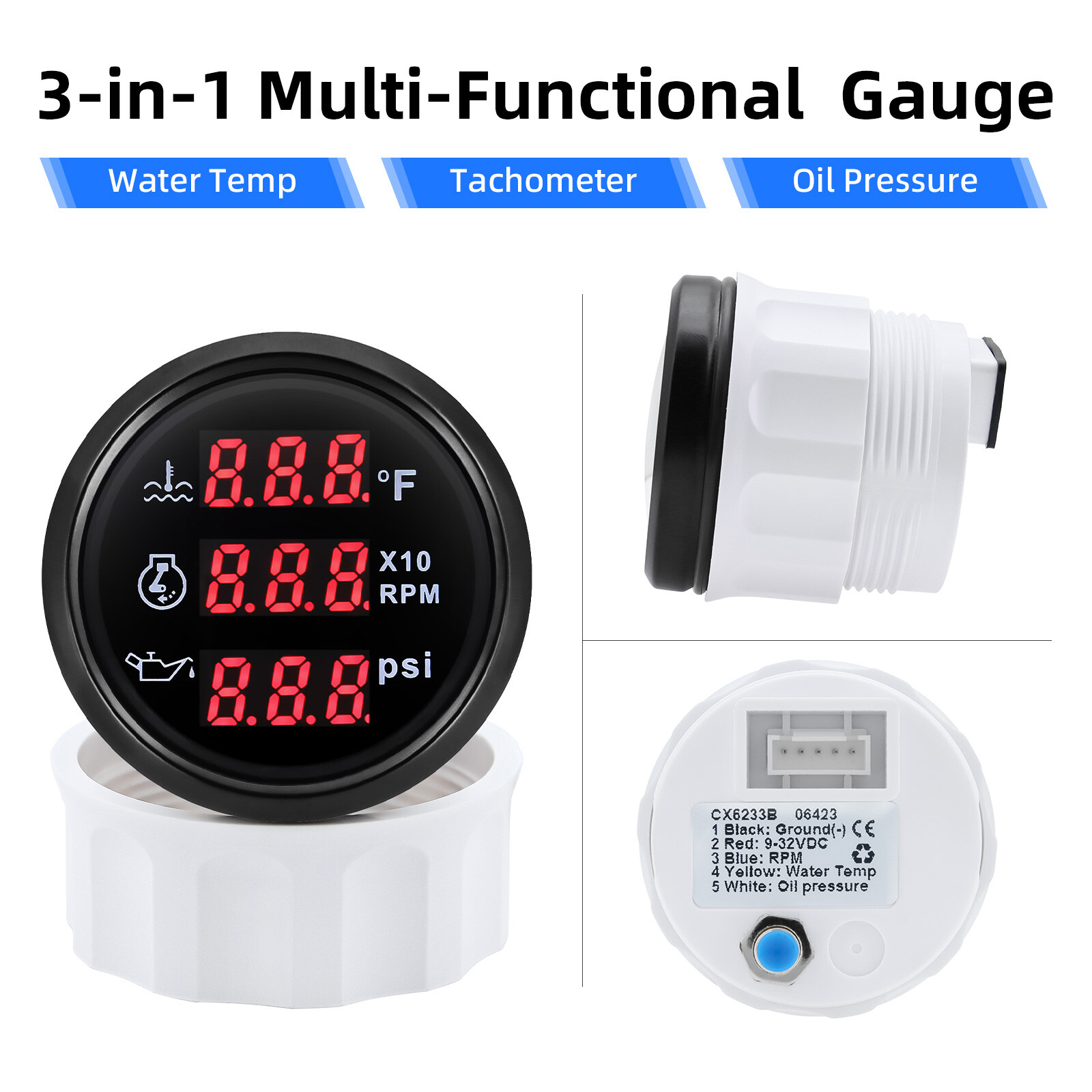 52mm 3in 1 Multi-Function Digital Gauge Water Temp Tachometer Oil ...