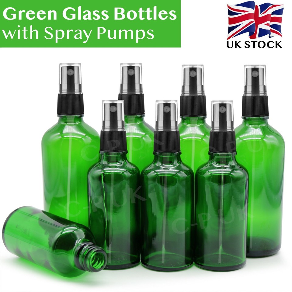 GREEN Glass Spray Bottle with Mist Sprayer Pump Atomiser Oils ...