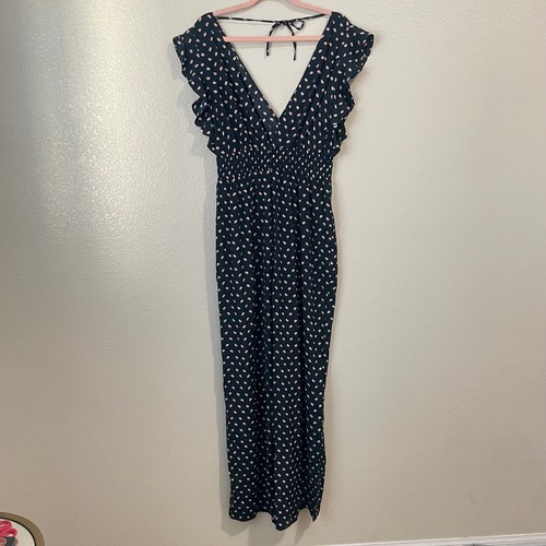 Modcloth Jumpsuit Womens Large Blue Red Paisley Floral Straight Leg ...