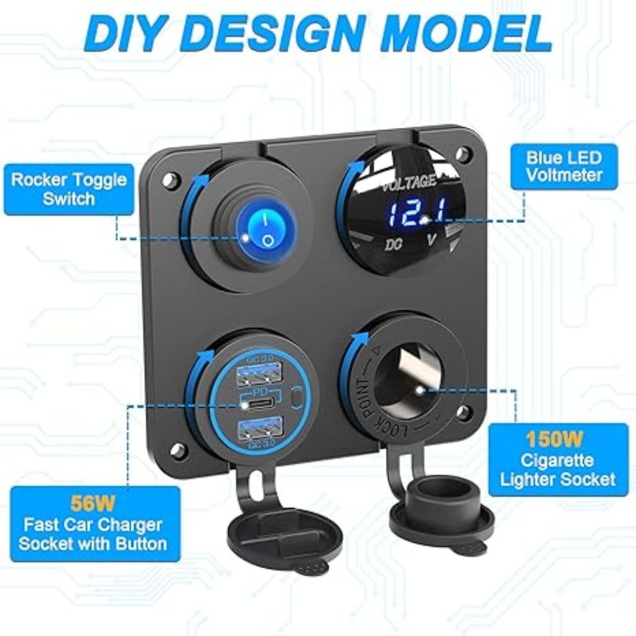 Marine Boat RV 12V Charger Socket Panel: 4 in 1 DC Power 12V Outlet ...
