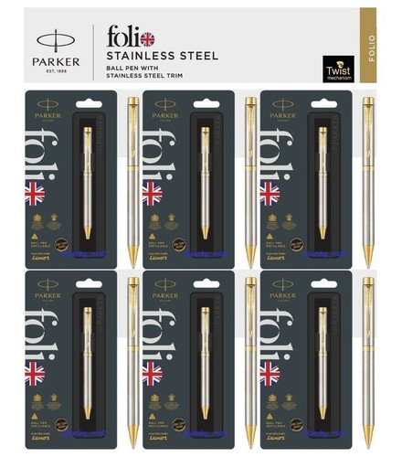 6 X nouveaux stylos à bille fins Parker Folio en acier inoxydable avec ...