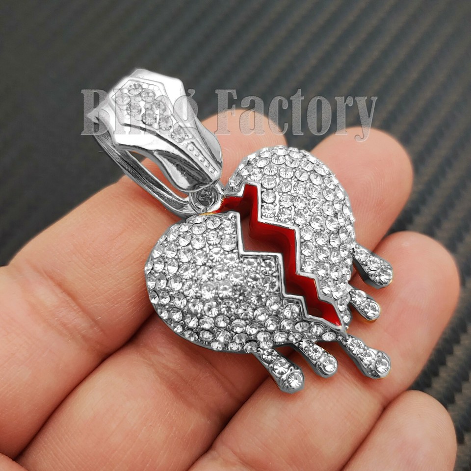 Silver Plated Alloy Drip Broken Heart Iced Cubic Zirconia Cuban Chain ...