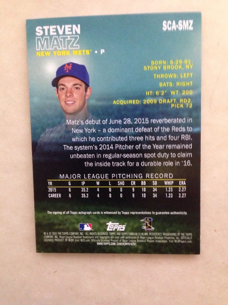 STEVEN MATZ 2016 Stadium Club Topps Auto SCA-SMZ Autograph NY METS ...