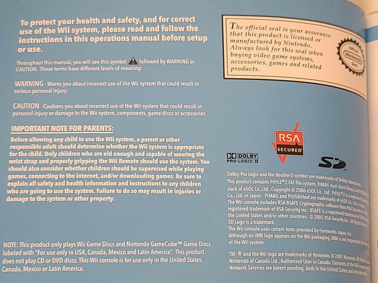 Nintendo Wii Operations Manual System Setup Book C/RVL-USZ-1 2007 ...