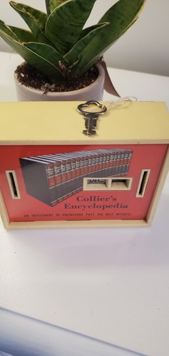 COLLIERS ENCYCLOPEDIA CALENDAR ADVERTISING STILL COIN BANK with Key | eBay