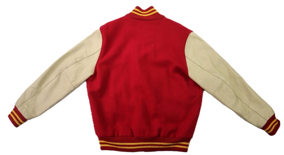 USA 44 M L Blank Varsity Letterman Leather Wool Bomber Jacket Red Cream ...