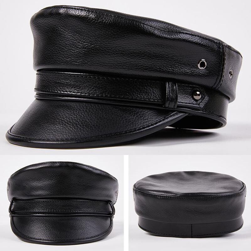 Men Genuine Leather Captain Sailor Hat Fiddler Flat Cap Driver Visor ...