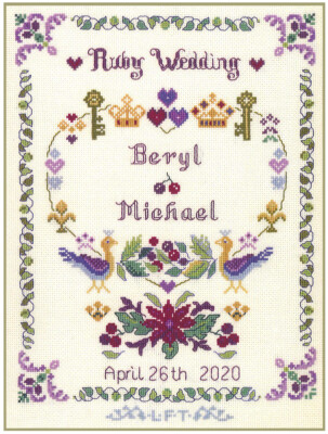 Ruby Wedding Sampler - complete cross stitch kit on 14 aida with COLOUR ...