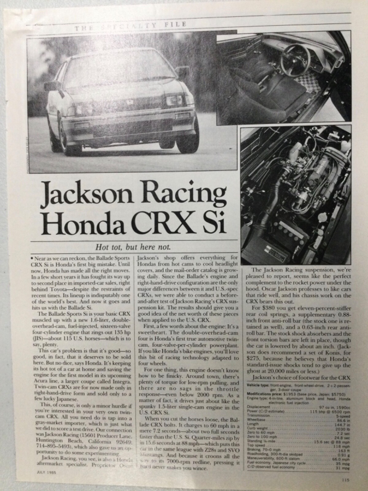 HondaArt65 Vintage Article 1985 Jackson Racing Honda CRX Si May 1985 1 ...