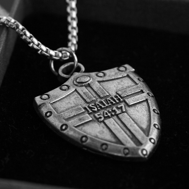 Mens Silver Bible Verse Isaiah Cross Shield Pendant Christian Necklace ...