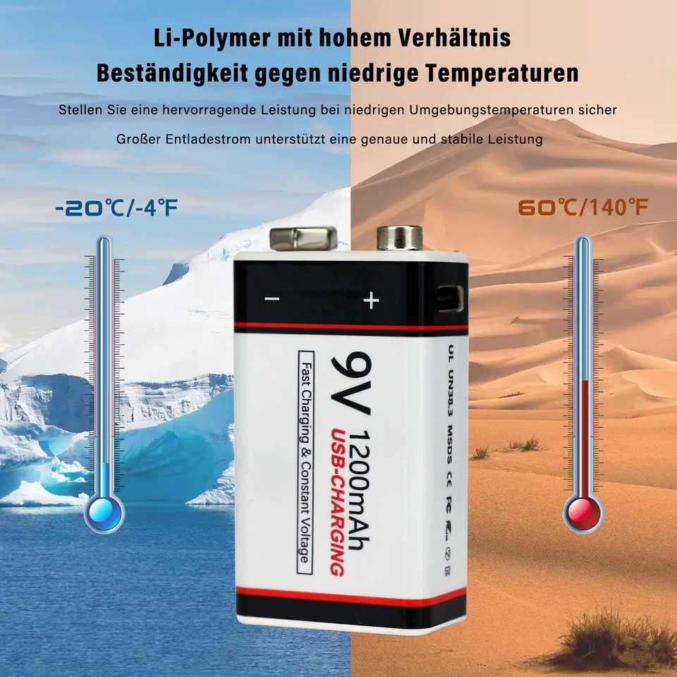 1000mAh USB 9V Battreries Lithium Rechargeable E-Block 9volt 6lr61 2 ...