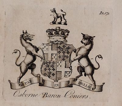 1779 ANTIQUE PRINT ~ OSBORNE ~ FAMILY CREST COAT OF ARMS BARON CONIERS ...