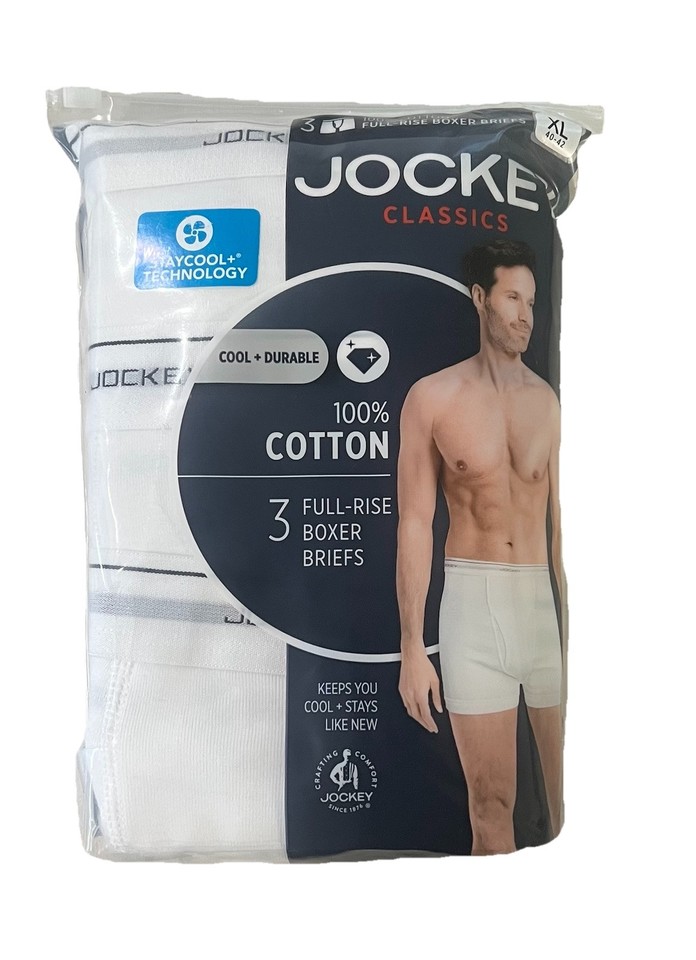 Men Jockey 3-Pack Classics Full Rise White Staycool Cotton Boxer Brief ...