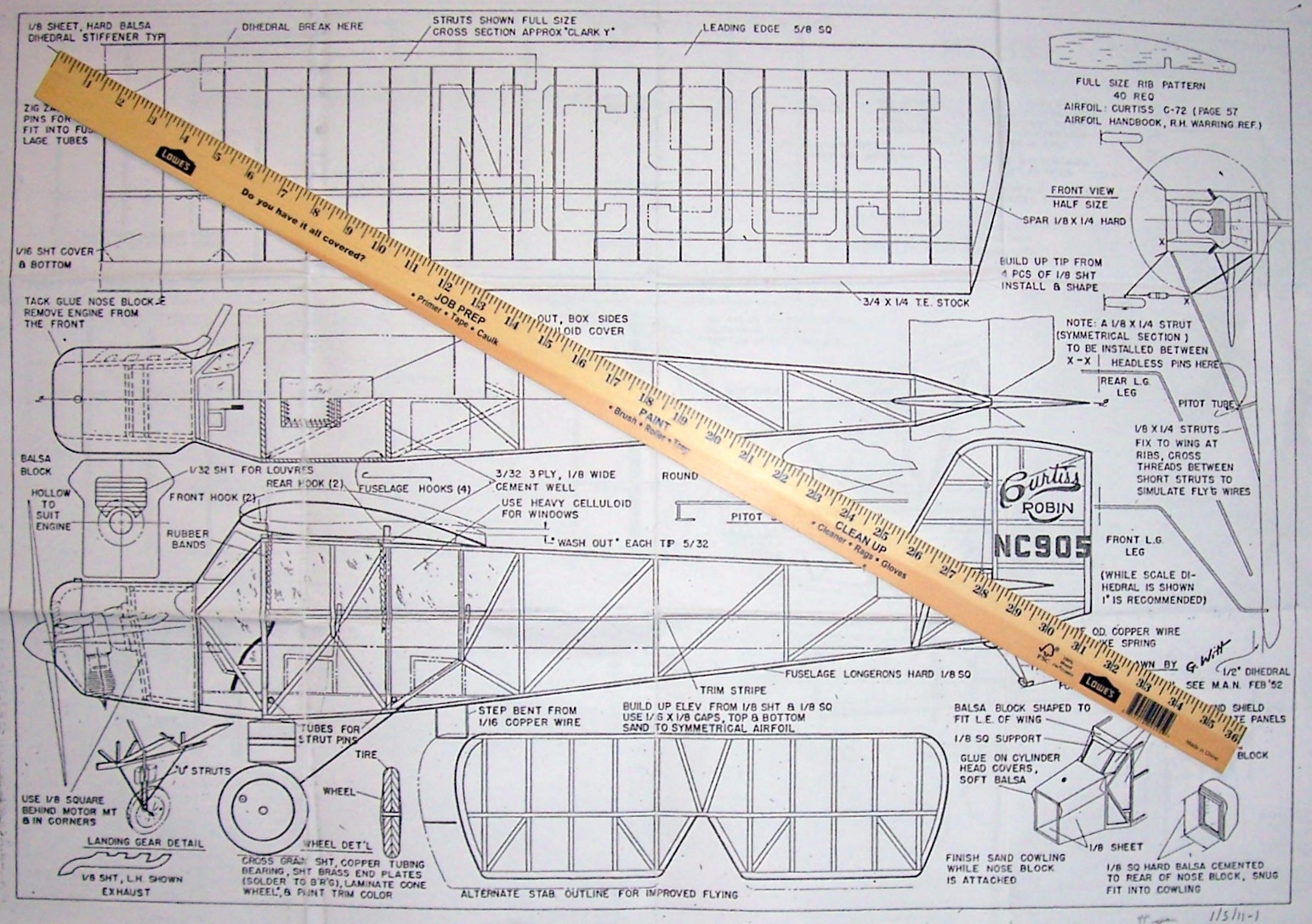 Flyline CURTISS ROBIN PLAN + CONSTRUCTION ARTICLE for 41" Span RC Model ...